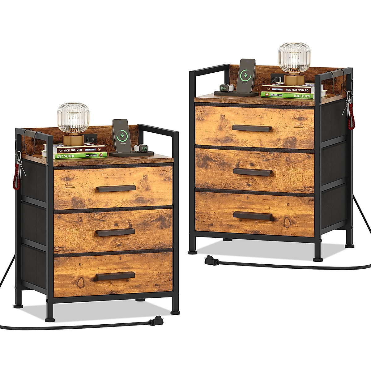 Nightstand 3 Drawer Dresser, 11"Dx15.6"Wx21"H, Set of 2 Side Table with Fabric Drawers, End Table with Open Shelf, Small Dresser for Kids Closet Bedroom,Guest Room(Rustic Brown, Set of 2 with Charger)