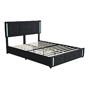 Upholstered Bed with LED Lights and USB Charging, Queen Size Storage Bed Platform Frame with Headboard and 4 Drawers for Bedroom, No Spring Box Required (Dark Gray)