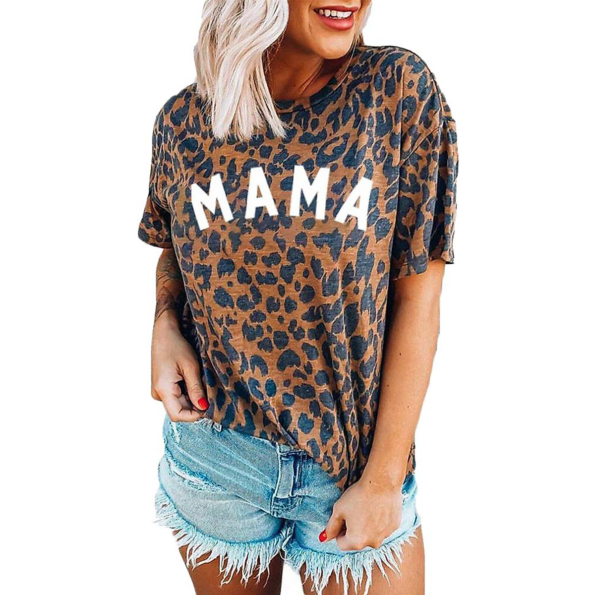 Womens Madre Leopard Print T-Shirts Short Sleeve Mama Shirts Cheetah Mom Graphic Tees Tops XL Mama