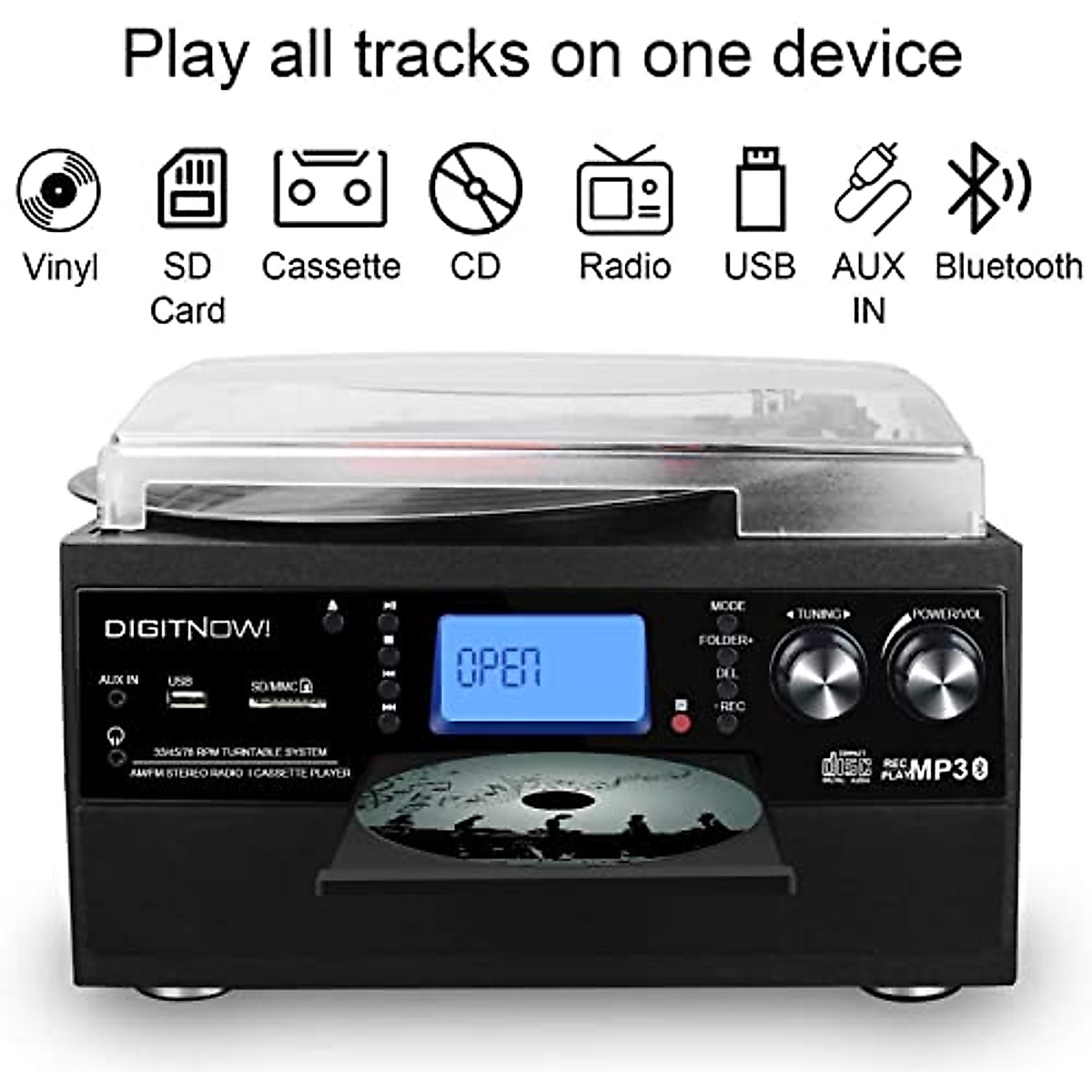 DIGITNOW Bluetooth Record Player Turntable with Stereo Speaker, LP Vinyl to MP3 Converter with CD, Cassette, Radio, Aux in and USB/SD Encoding, Remote Control, Audio Music Player Built in Amplifier
