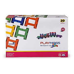 Playmags Magnetic Tiles Train Set, 20 Piece Accessory Set Includes 4 Trains, Stronger Magnets, Building Blocks Add-On, STEM Toys for Kids.