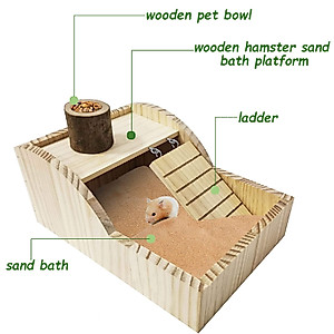 Hamiledyi Hamster Sand Bath Kit, Wooden Bathing Sand Container with Ladder Chinchilla Digging Sand Bathtub Small Animals Sandbox for Dwarf Syrian Mice Mouse Gerbils Hedgehog Lemming
