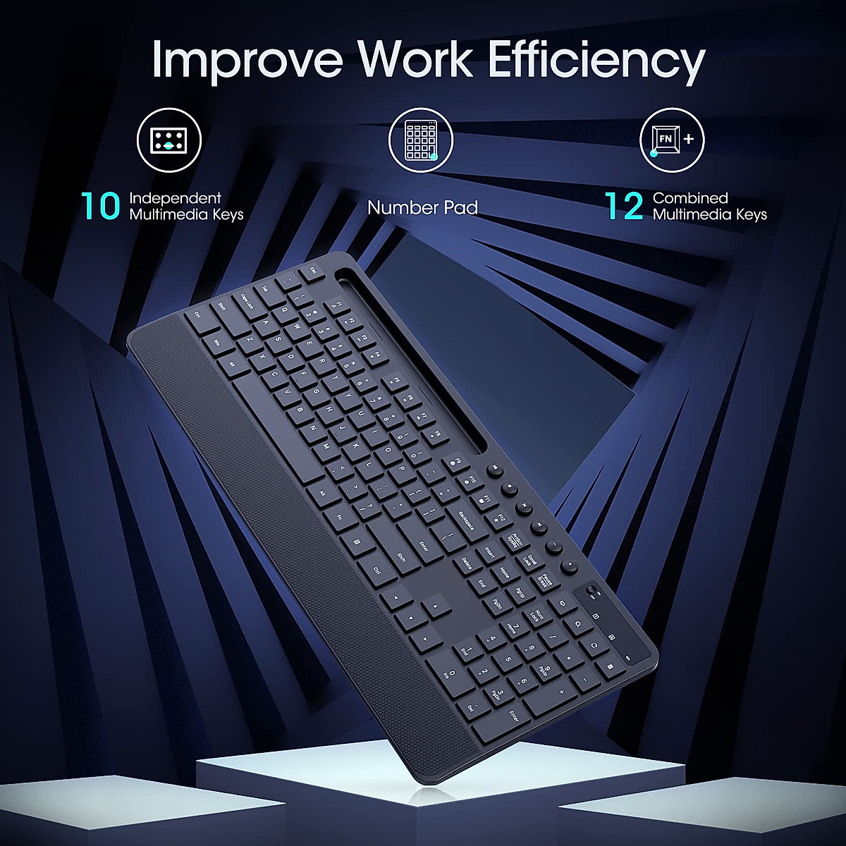 Veilzor Wireless Keyboard and Mouse Combo, 2.4GHz Lag-Free Ergonomic Keyboard Full-Size with Phone Holder & 10 Independent Shortcuts, Silent Mouse with 4 DPI for Computer, Desktop, Laptop