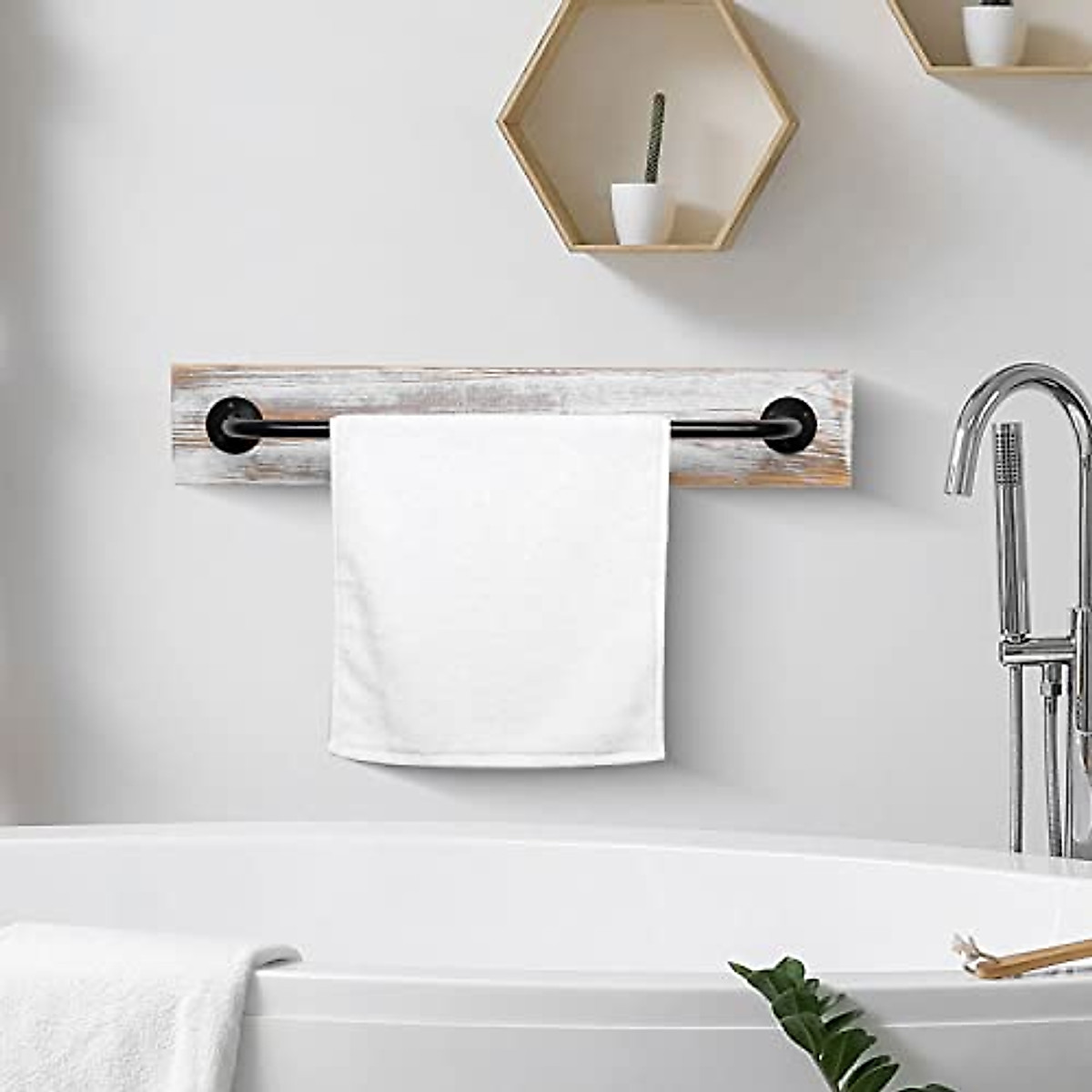 MyGift 24-inch Industrial Black Metal Towel Bar Rack with Vintage White Wood Wall Mount Bathroom Towel Holder