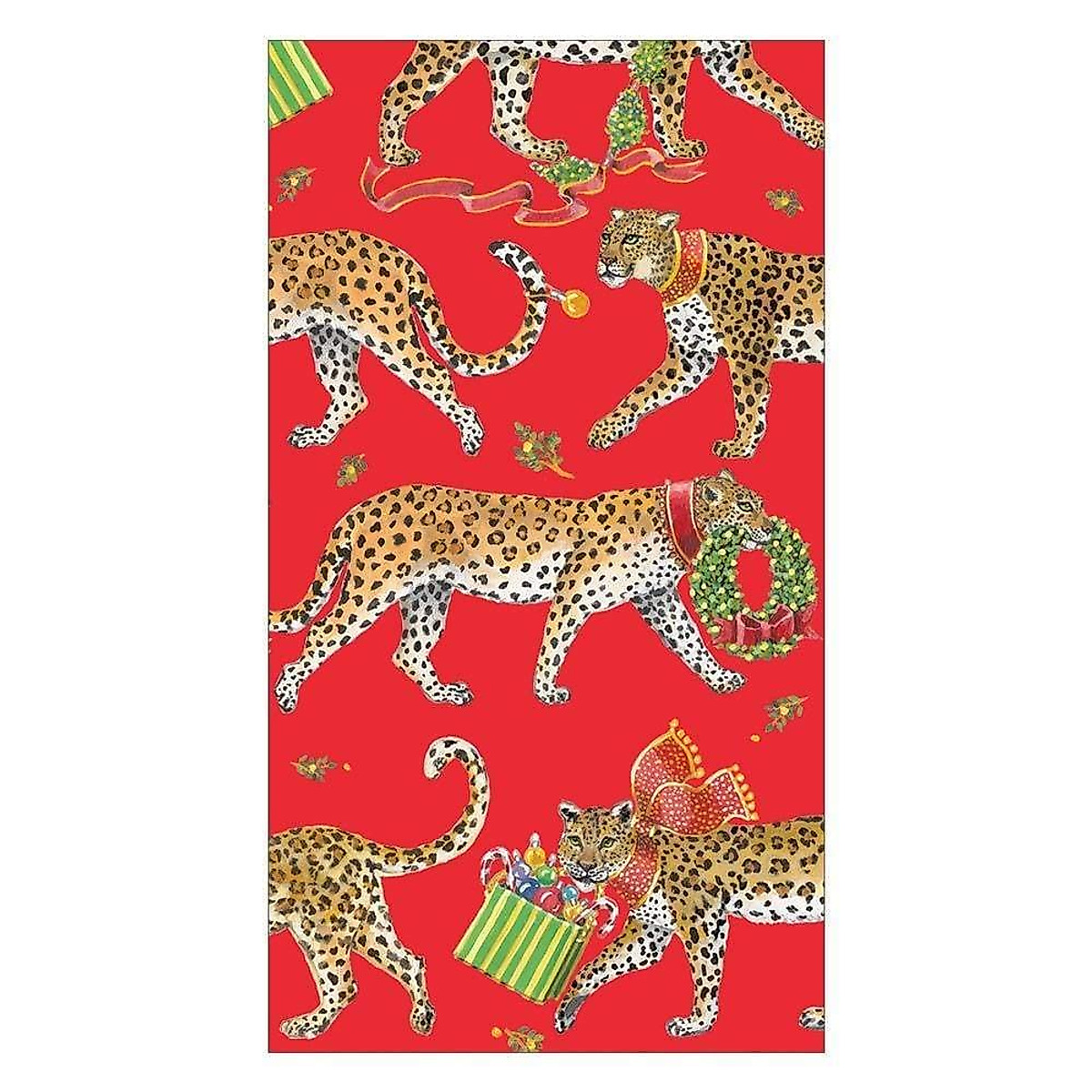 Caspari Christmas Leopards Paper Guest Towel Napkins in Red - Two Packs of 15