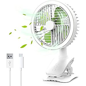 VOLLUCK Stroller Fan Clip on Rechargeable Battery Operated Portable Small Mini Fan with LED Light, 2000mA Long Lasting Handheld Powered Fan on for Baby, Travel, Indoor, Car Seat