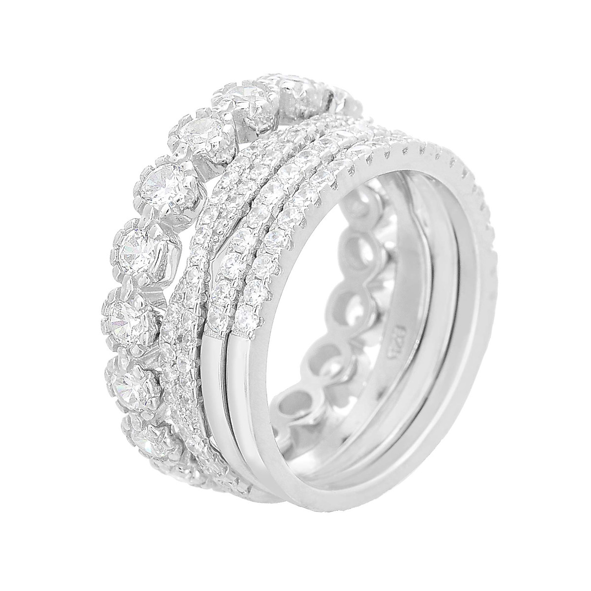 TwoBirch 18k White Gold Micro-plated 4 Piece Ring Set with Cubic Zirconia Stacking Ring Set (925 Silver, Sizes 7)