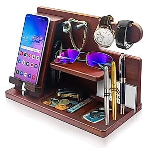 Wood Phone Docking Station Gifts for Men Him Husband Dad Boyfriend - Stylish Nightstand Organizer for Men Wooden Bedside Watch Stand Wallet Desk Organizer (Brown)