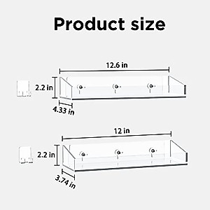 Sinminou Acrylic Shower Caddy Shelf 2- Pack of Traceless Adhesive Wall Mounted, No Drilling and Anti-rust, Clear Storage Rack for Shampoo Holder, Floating Acrylic Bathroom Shelves with Hooks for Razor