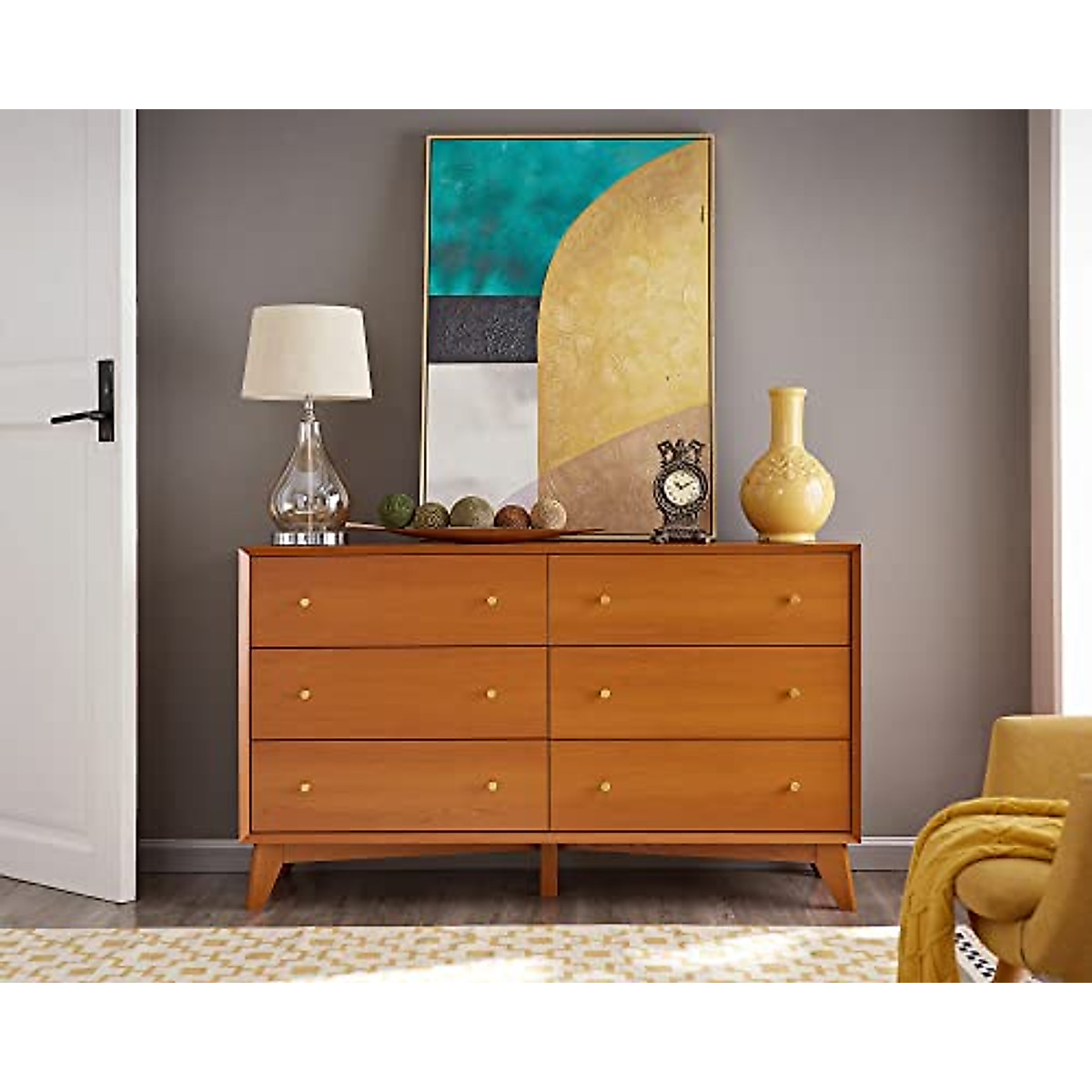 T4TREAM 6 Drawer Dresser for Bedroom,Mid Centry Modern Dresser Wide 6 Chest of Drawers,Wood Storage Organizer Dresser,Nursery Dresser,for Living Room, Hallway, Bedroom, Kids Bedroom, Cherry