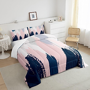 Feelyou Pink Navy Blue Graffiti Comforter Set for Girls Boys Abstract Geometric Comforter Modern Abstract Art Painting Bedding Set Artistic Smear Duvet Set Full Size Quilt Set 3Pcs