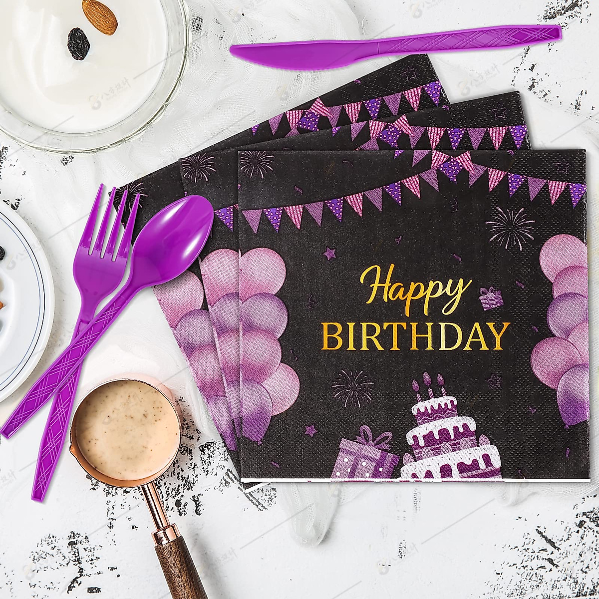 168 Pcs Purple and Black Birthday Party Supplies Tableware Set Party Plates, Knife,Forks,Spoons, Cups and Napkins Table Decorations for Women Girls Birthday Party Decorations, 24 Guests