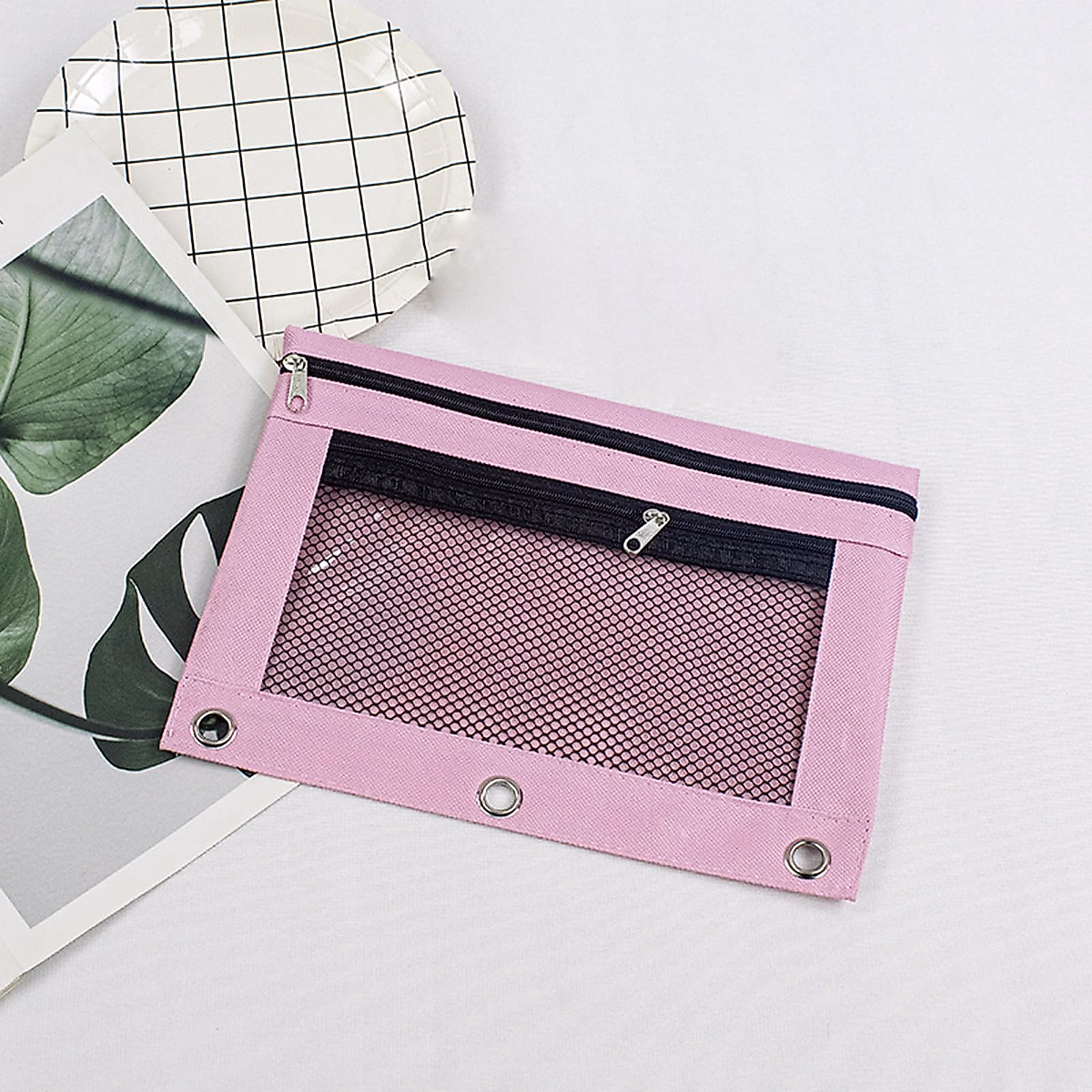 Zittop 2 Pcs Pencil Pouch 3 Ring Binder, Zipper Pencil Pouches Case Binder Cosmetic Bag (Pink and Blue)