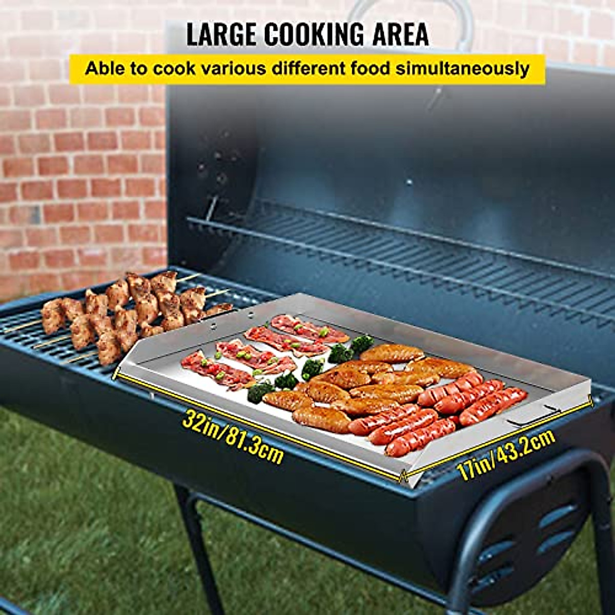 VEVOR Stainless Steel Griddle,32" X 17" Universal Flat Top Rectangular Plate, BBQ Charcoal/Gas Grill with 2 Handles and Grease Groove with Hole，Grills for Camping, Tailgating and Parties