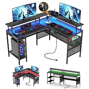 WASAGUN L Shaped Computer Desk, Reversible Corner Desk with Power Outlet, Gaming Table with Power Outlets,55 inch Corner Computer Desk with Monitor Stand Storage Shelves for Home Office Gamer Desk