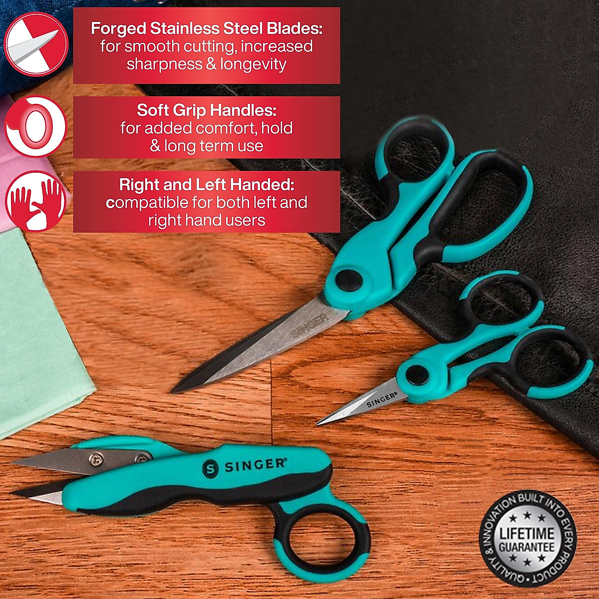 SINGER ProSeries Sewing Scissors Bundle, 8.5" Heavy Duty Fabric Scissors, 4.5" Detail Embroidery Scissors, 5" Thread Snips with Comfort Grip