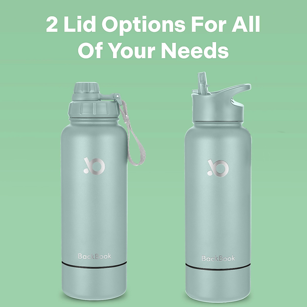 BackBook 32 oz Insulated Sports Water Bottle With 8 oz Storage Compartment, Double Wall Leak Proof Stainless Steel Bottle With 2 Lids for Sports and Travel, Cold and Hot Drinks, BPA-Free - Green