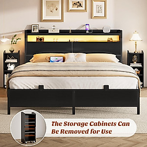 Unikito Queen Bed Frame with Bookcase Storage Headboard and LED Light, Queen Size Bed with Slide Bedside Cabinet and Charging Station, Heavy Duty Metal Slat, No Box Spring Needed, Noise Free, Black