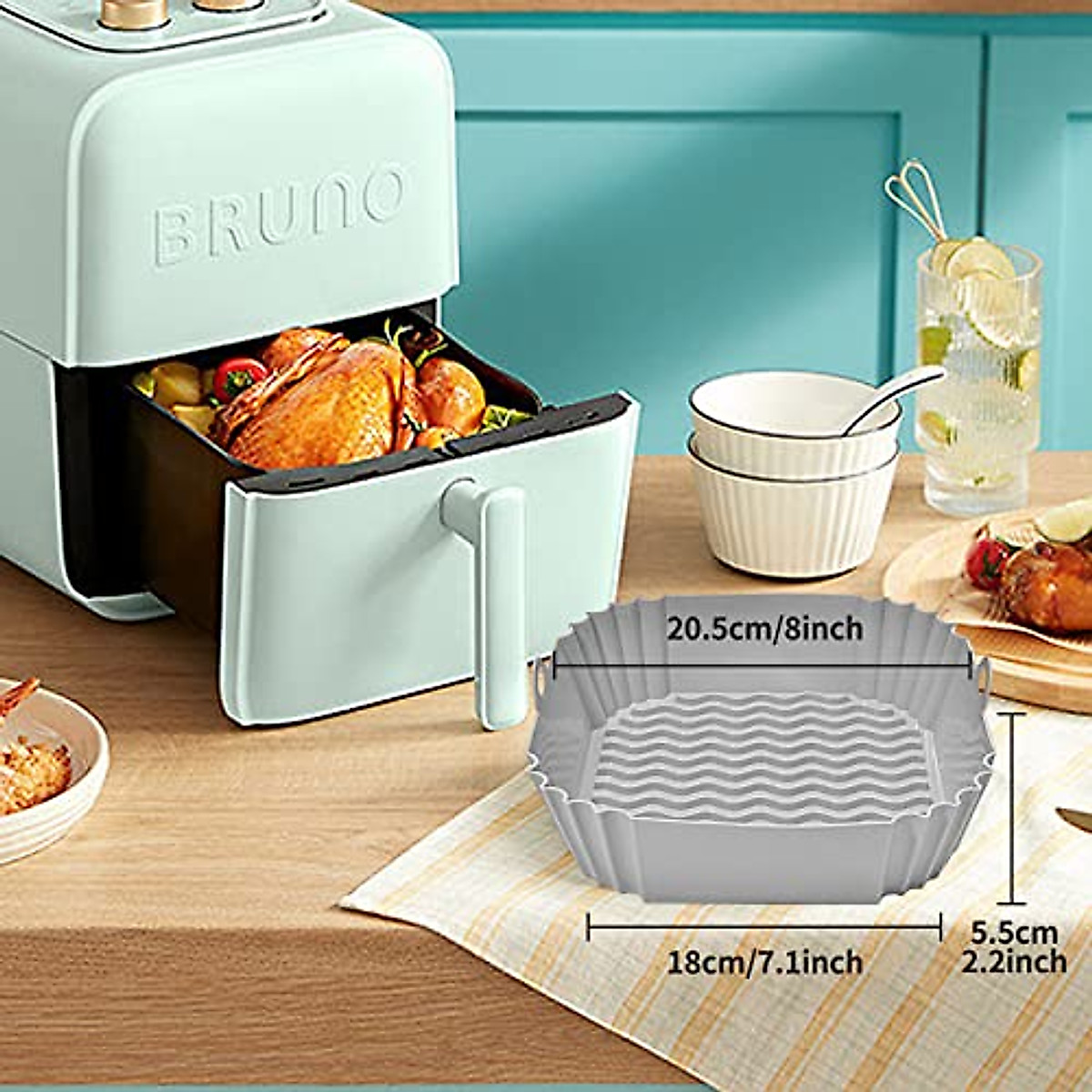 2 Pcs Air Fryer Square Silicone Liners, 8 inch for 4 to 7QT Reusable Silicone Pot for Air Fryer Basket Easy Clean or Oven Microwave Air Fryer Accessories Basket (Grey+Pink)