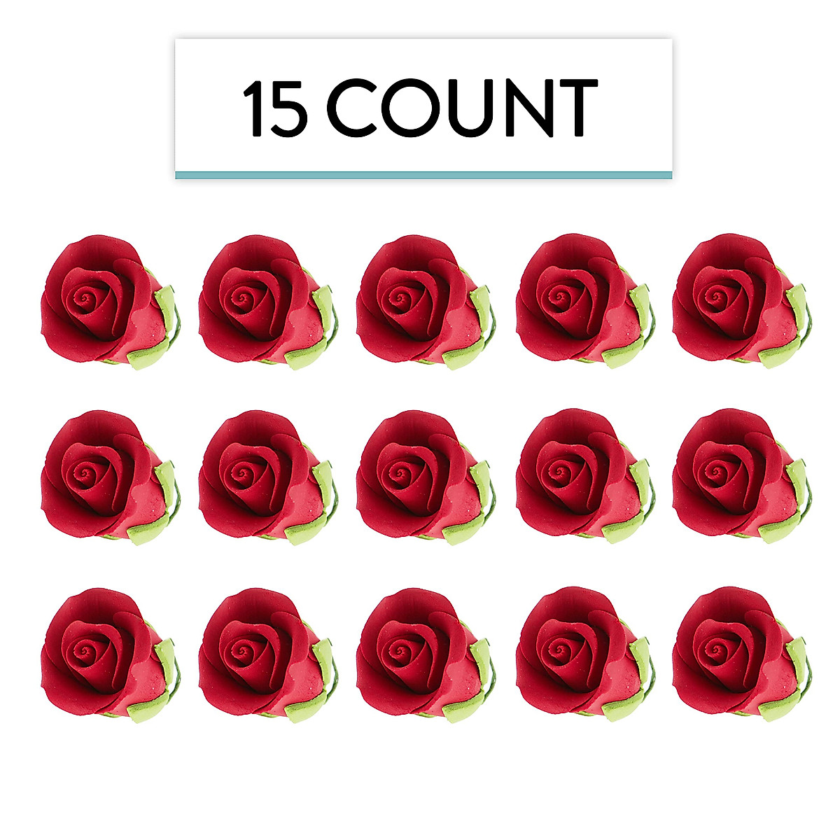 Global Sugar Art Tea Rose Sugar Cake Flowers, Red With Green Calyx, Small 1 inch, 15 Count by Chef Alan Tetreault