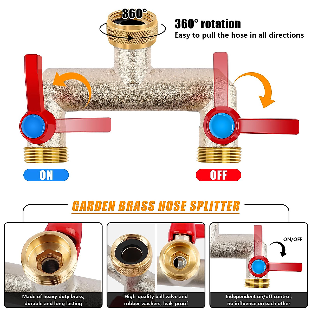 Brass Garden Hose Splitter, 3/4" Hose Splitter 2 Way Heavy Duty with Extension Handles, Outdoor Faucet Splitter Water Spigot Splitter with Individual On/Off Valve (2 Way Hose Splitter)