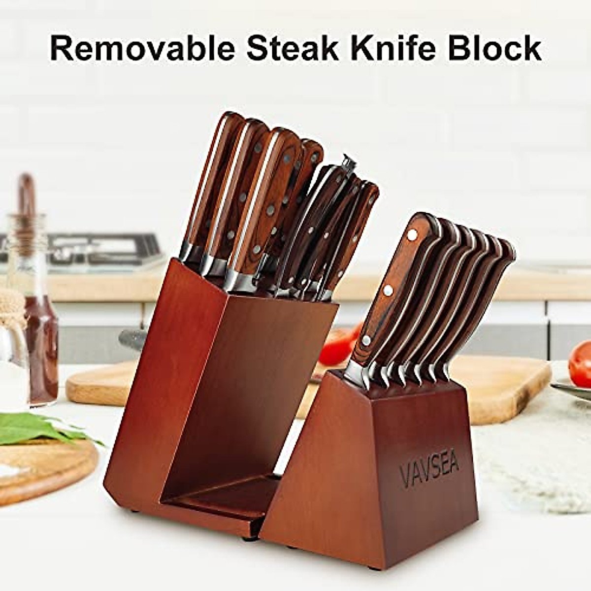 Knife Set, VAVSEA 16 PCS Kitchen Knife Set with Block Stainless Steel Professional Chef Knife Sets with 6 Pieces Steak Knives, Bread Knife, Sharpener Rod, Scissors, Ultra Sharp