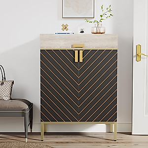 Tribesigns Shoe Cabinet with Drawers, 4-Tier Shoe Organizer with Removable Shelves, Modern Shoe Storage with Doors for Entryway, Hallway, Bedroom, Gray/Gold