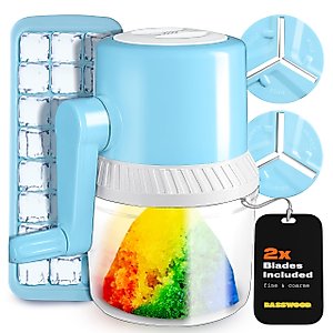 Manual Ice Shaver - Snow Cone Machine with Ice Cube Tray, Stainless Steel Blades, & Large Container - Portable Crushed Ice Machine for Home - Shaved Ice Maker Kit for Kids Snowcones, Slushies & More