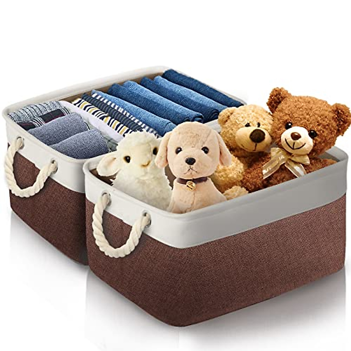 IMQSQIK Foldable Storage Bin 2 Pack, Large Fabric Storage Bin with Coarse Hemp Rope Handles, Gift Baskets Empty for Organizing Closet Nursery Shelves ( 15x 11 x 8 inches, Khaki White)