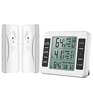 JXTZ Refrigerator Thermometer, Freezer Thermometer with Alarm, Fridge Thermometer Digital with 2 Sensors, Wireless Indoor Outdoor Thermometer with Temperature Alarm, Min/Max, Temperature Trend Display