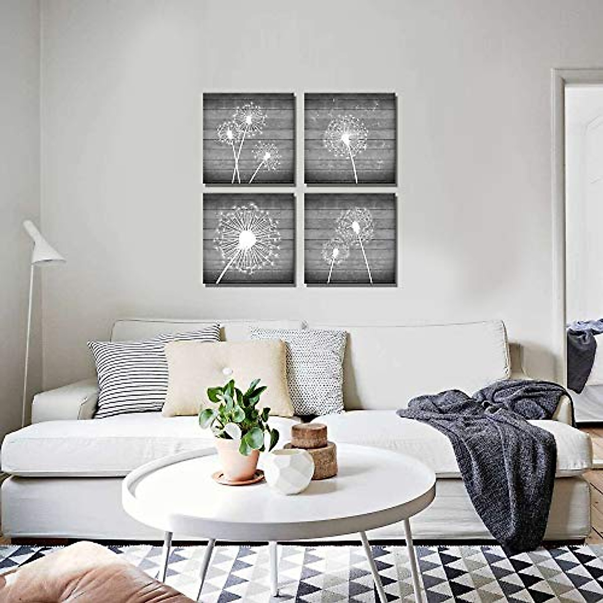 sechars 4 Piece Flower Wall Art White and Grey Dandelion Picture Canvas Painting with Wood Frame Modern Floral Canvas Artwork for Bedroom Bathroom Wall Decorations (12x12inchesx4pcs)