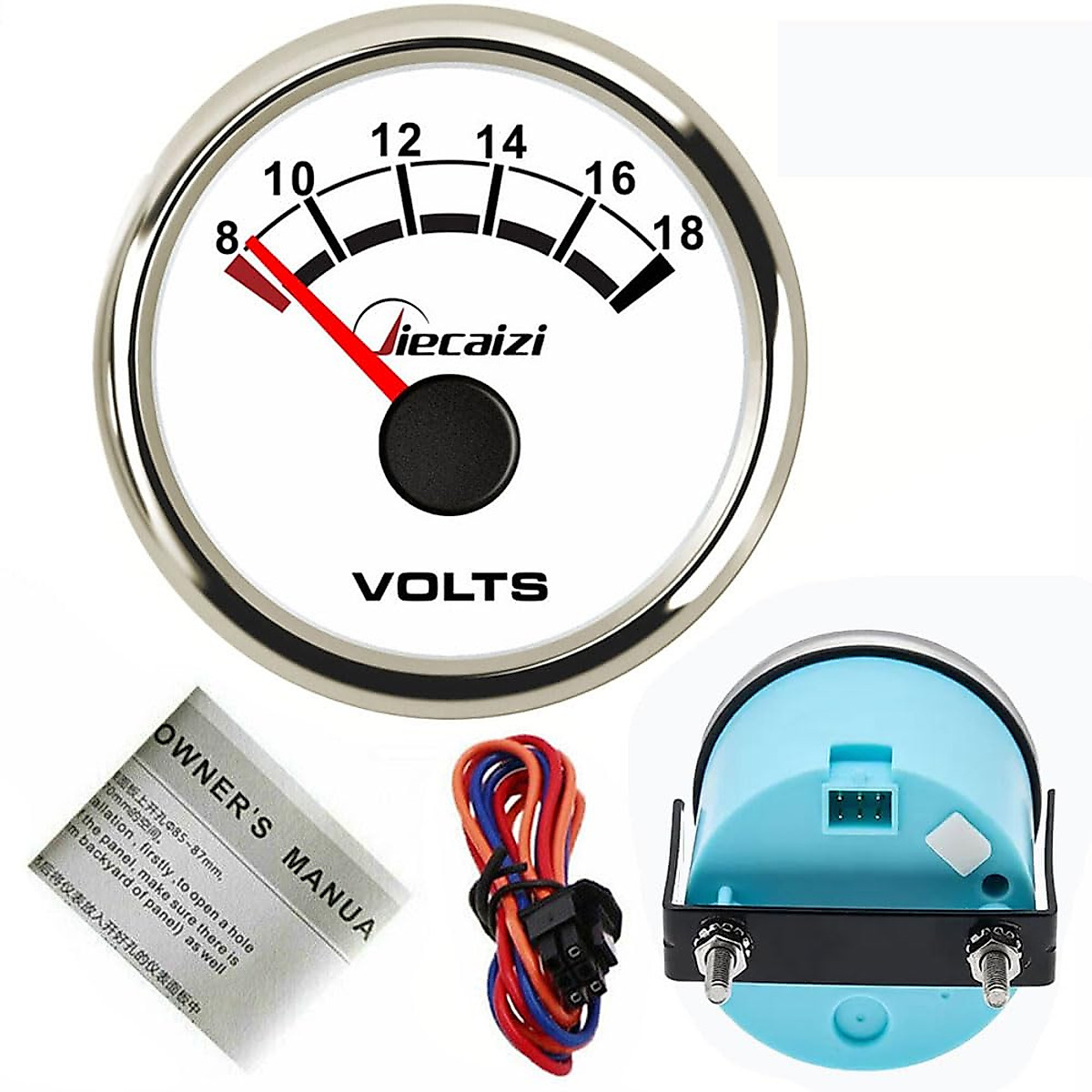 Jiecaizi 52mm/2-1/16 Voltmeter Volts Gauge IP67 8-18V 7 Backlight Colors Anti-Vibration Design - Ideal for Boats Construction Machinery Vehicles in Humid Environments