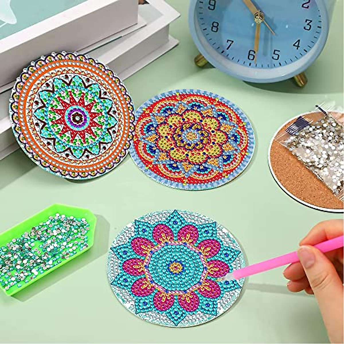 8Pcs DIY Mandala Diamond Painting Coasters Kits with Holder, Cork Mat and Diamond Storage Box, Suitable for Adults, Beginners and Kids Are Also Friendly, Great Home and Dining Room Decor