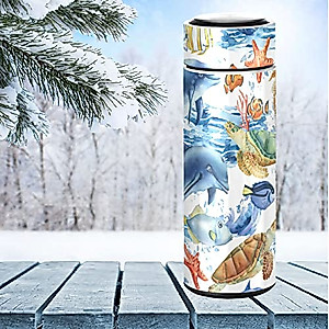 CaTaKu Small Water Bottle 12 oz, Sea Life Fish Turtle Insulated Water Bottle for Water Coffee Tea Stainless Steel Flask Thermos Bottle Reusable Wide Mouth Vacuum Travel Mug