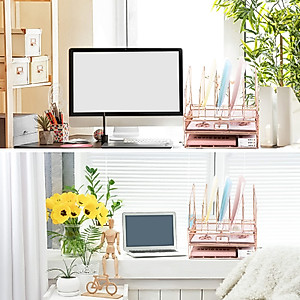 Rose Gold Desk Organizers and Accessories with 5 Vertical File Folder Holders & Sliding Drawer, Cute Office Supplies for Women, Desk File Organizer, Binder Holder for Desk, Binder Holder for Desk