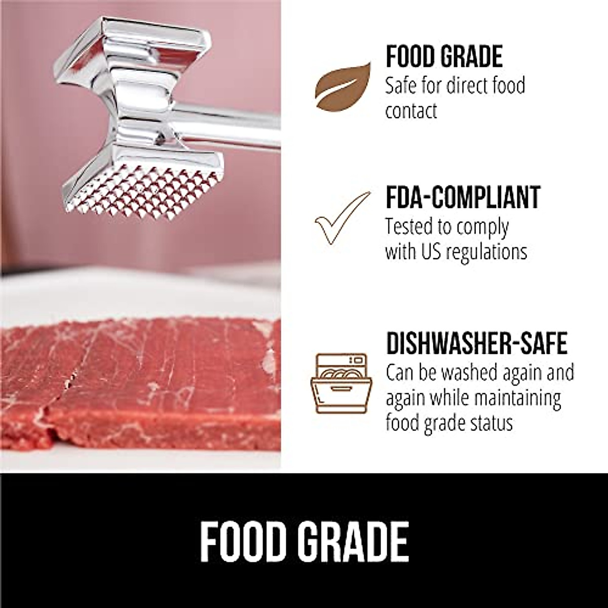 Gorilla Grip Heavy Duty Meat Tenderizer, Oversized Kitchen Mallet, Soft Grip Handle, Tool Maximizes Food Flavor, Spiked Side Tenderizes, Flat Smooth Flattens Steak, Pound Beef, Commercial Grade, Black