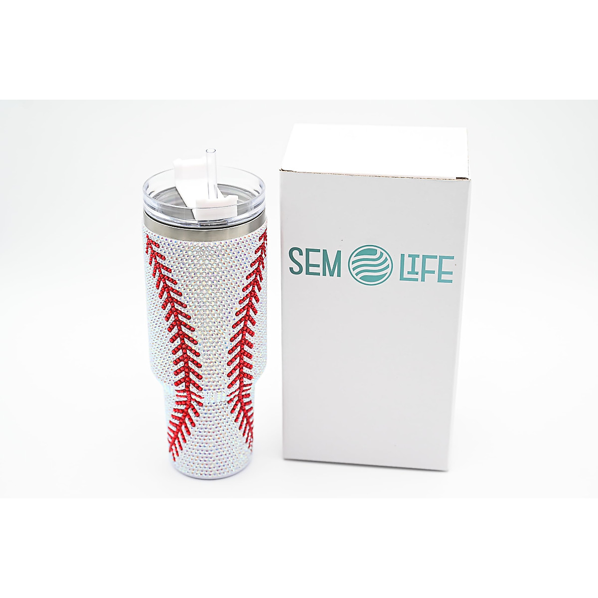 SEM LIFE 40 Oz Rhinestone Bling Tumbler Cup with Handle and Straw (BASEBALL), Stainless Steel and Double Wall Insulated