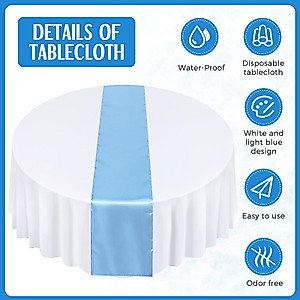Tudomro 16 Pcs Round Plastic Tablecloth and 12 x 108 Satin Table Runner Set 84" Round Table Covers Circle Plastic Table Cloth for 4th of July Birthday Wedding Party Decoration(White, Light Blue)