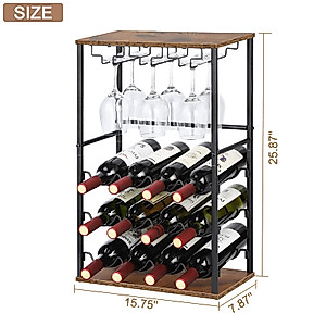 Wood Wine Rack, Countertop Wine Bar Rack, Wine Bar Cabinet with GlassBottle Holder, Metal and Wood Industrial Wine Cabinet for Home, Floor Liquor Wine Cabinet Storage, for Bar Kitchen Dining