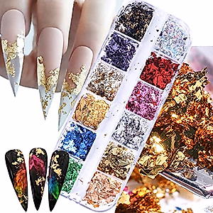 12 Grids Gold Nail Art Foils Flakes Holographic Nail Glitter Sequins Gold Silver Laser Shiny Design Confetti Nail Foil Flakes for Acrylic Nail Charms Decorations Women DIY Nails Art Supplies