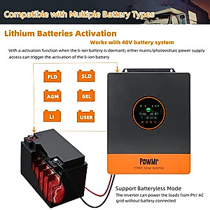 PowMr 5000W Solar Inverter 48V DC to 110V/240V AC Split Phase Inverter Pure Sine Wave Power Inverter with 100A MPPT Controller 5000W Hybrid Inverter, Max.PV Input 5500W, 500VDC, Parallel 6 inverters