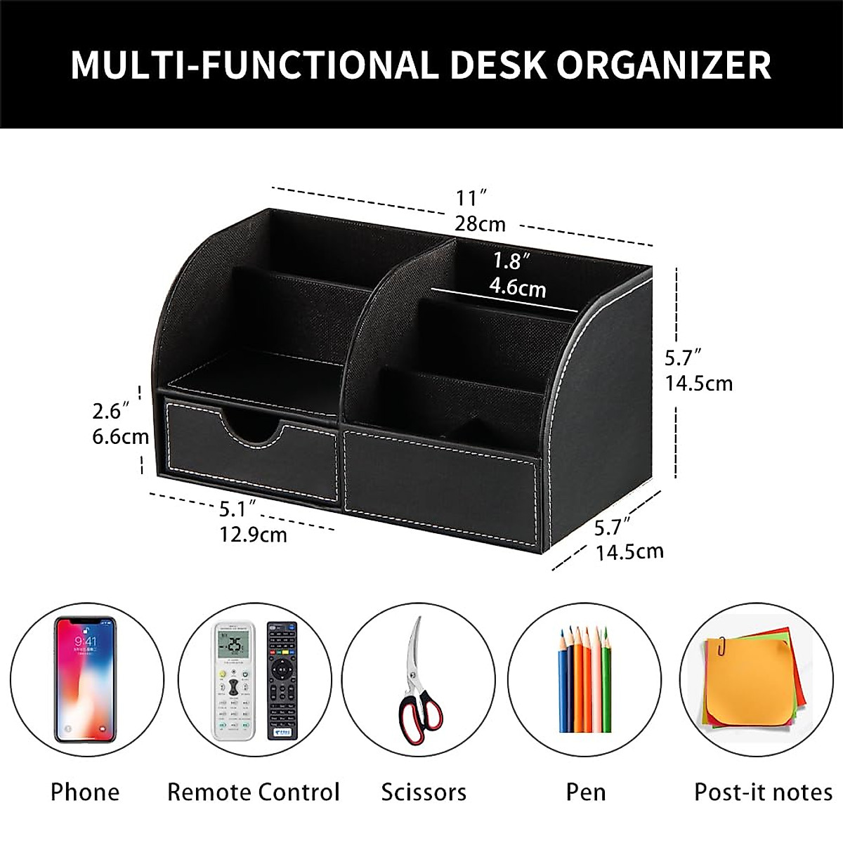 Desk Organizer, PU Leather Desktop Organizers and Accessories, Office Supplies Multi-Functional Caddy Storage with 6 Compartments and 1 Drawer, Workspace Organizer for Office Home School Classroom
