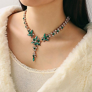 Unicra Bride Necklace Earrings Set Crystal Bridal Wedding Jewelry Sets Rhinestone Choker Necklace Prom Costume Jewelry for Women and Brides (Green)