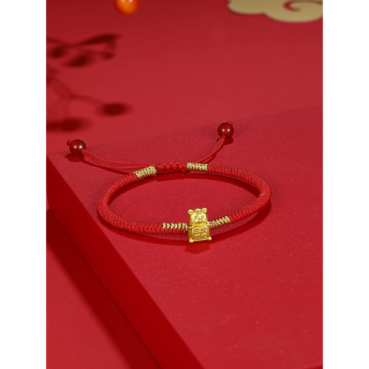 ZHOU LIU FU 24K Solid Gold Bracelets, Real Pure Gold Bracelet Chinese Zodiac Jewelry Adjustable Red Braided Bracelet Rabbit Dragon Dog Piggy with Blessing Idiom for Women Men Girlfriend