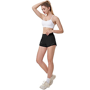 Aurefin High Waisted Athletic Shorts for Women, Womens Plus Size Running Workout Shorts with Liner and Zip Pocket 4 inch Black/M