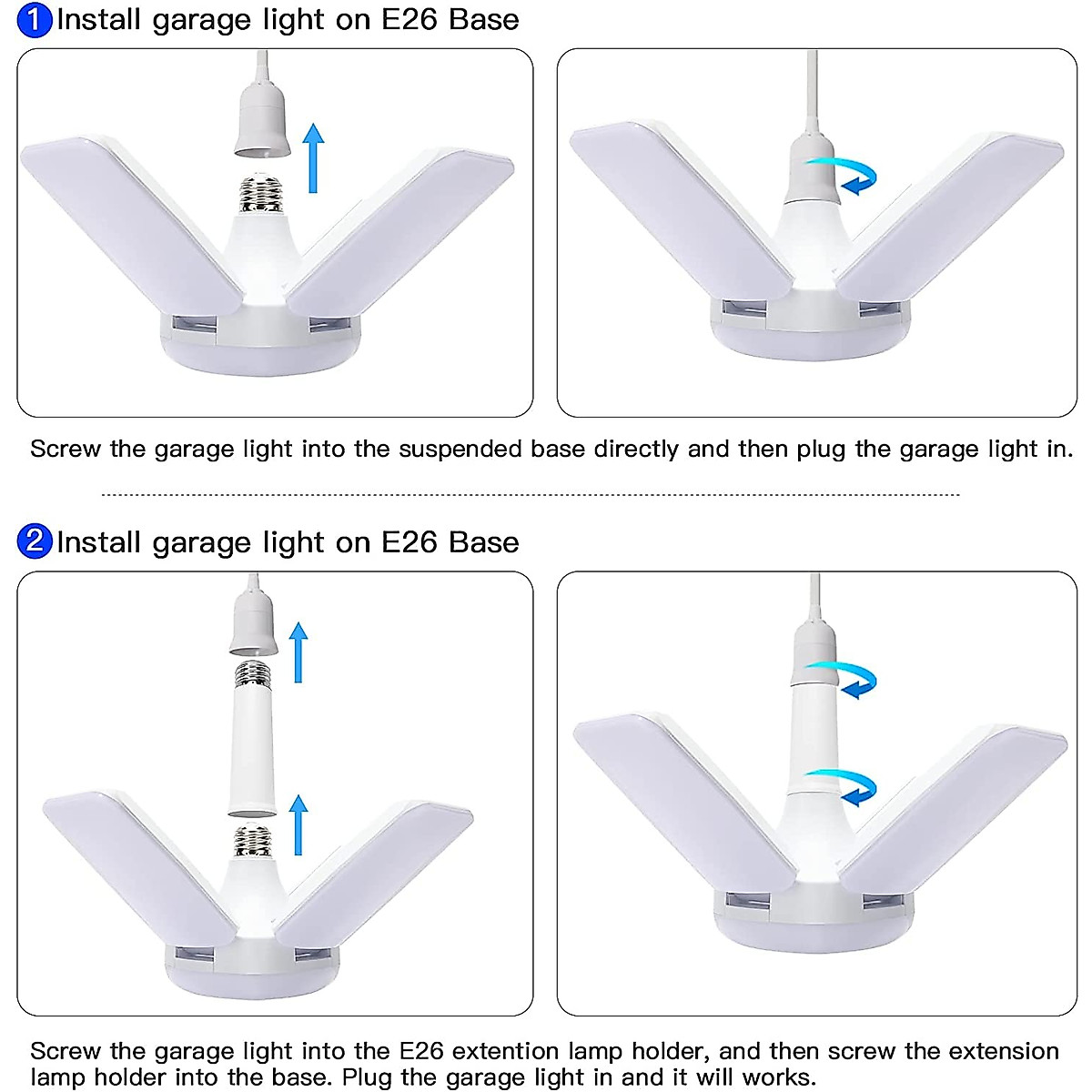 LED Garage Lights 2 Pack Garage Lights LED Light Garage E26 LED Garage Ceiling Lights 60W Deformable Garage Light with 4 Panels, LED Shop Light Garage Lights Ceiling Led for Garage, Working Light
