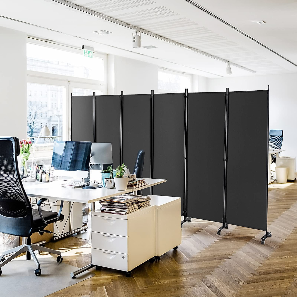 Giantex 6 Panel Room Divider, 132''W x 68''H Large Folding Privacy Screen, Rolling Partition Room Dividers for Home Office Studio Separation, Freestanding Fabric Wall Divider Screen on Wheels, Gray