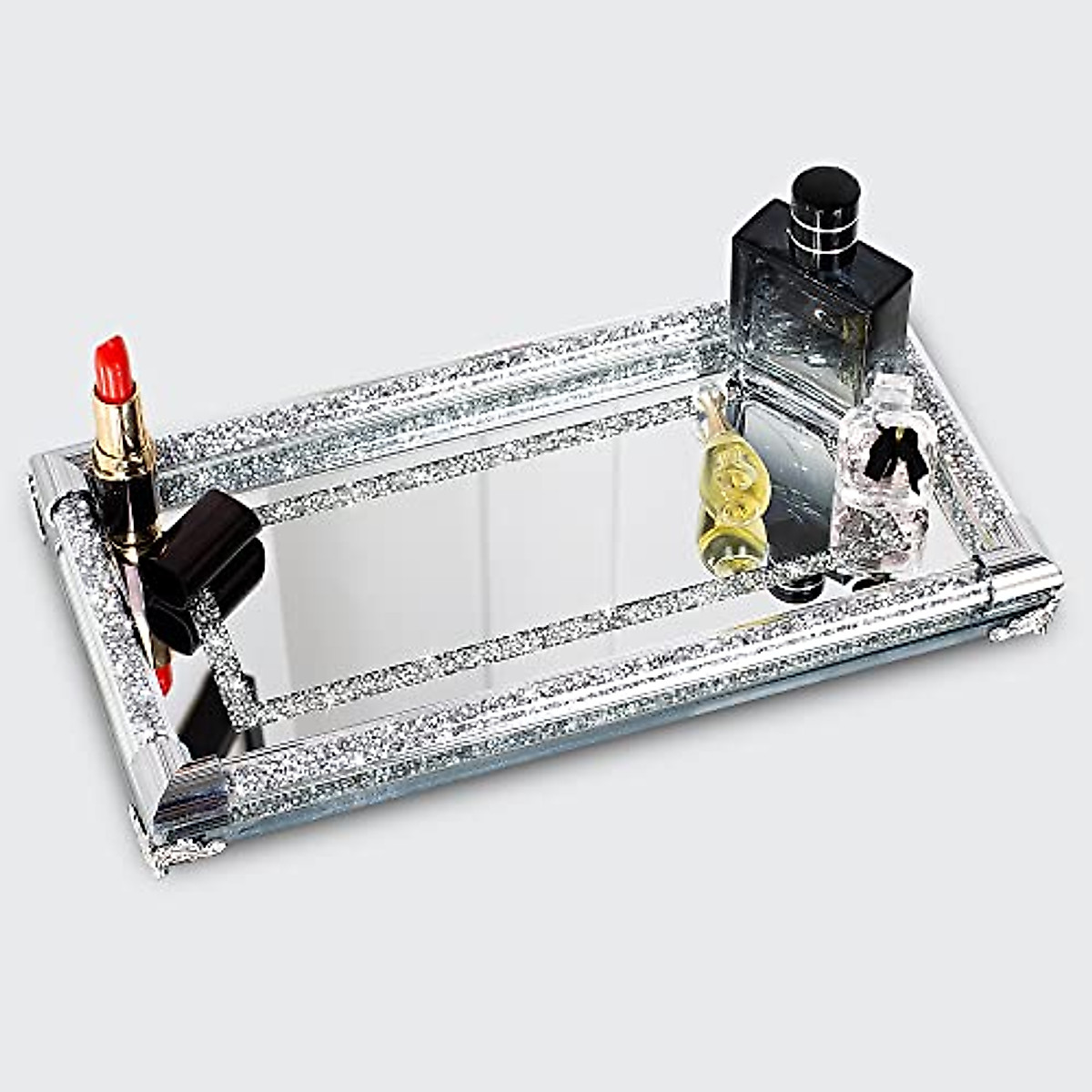 SHYFOY 12.5in Mirror Perfume Vanity Tray Crushed Diamond Filled Crystal Decorative Tray Silver Glass Tray Coffee Table Top Tray Decor Makeup Jewelry Tray Bathroom Washstand Tray for Dresser Home Decor