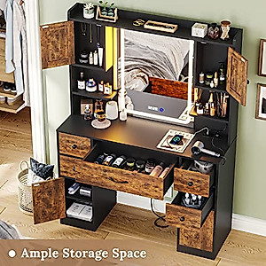 Tiptiper Makeup Vanity with Lights & Charging Station, Vanity Table with Time Display Mirror, Ambient Light, Storage Cabinets, Rustic Brown and Black