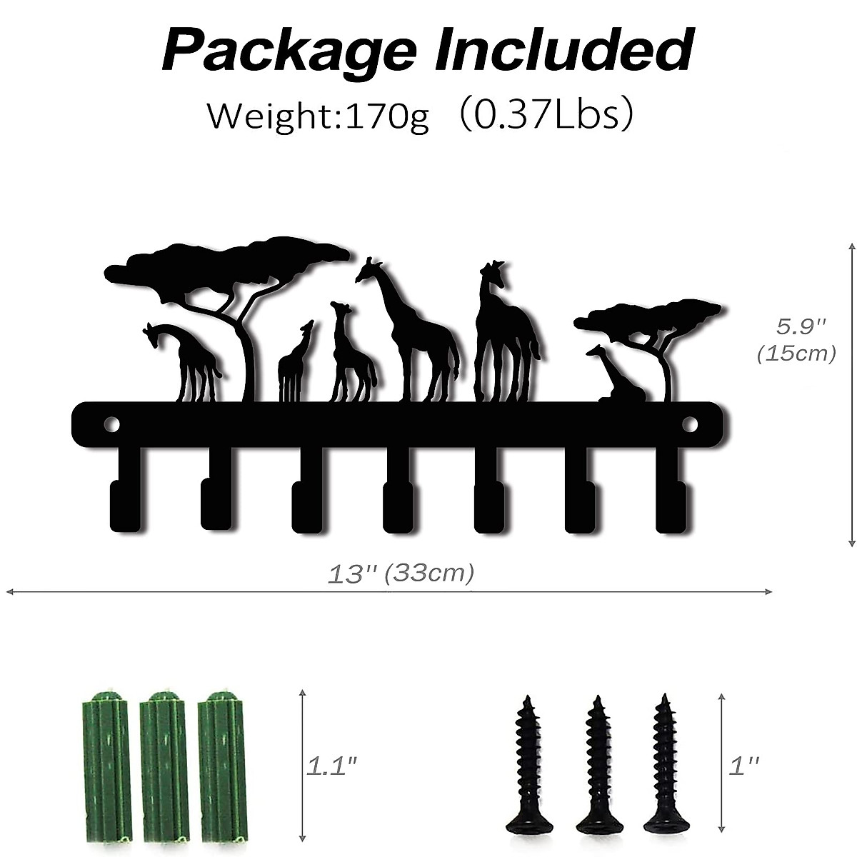 SUPERDANT Black Iron Wall Mounted Hooks Metal Key Holder Giraffes and Tree Pattern with 7 Hooks for Bag Clothes Key Hanging Small Wall Shelf Holder Wall Decorative About 6"x13"(15x33cm)